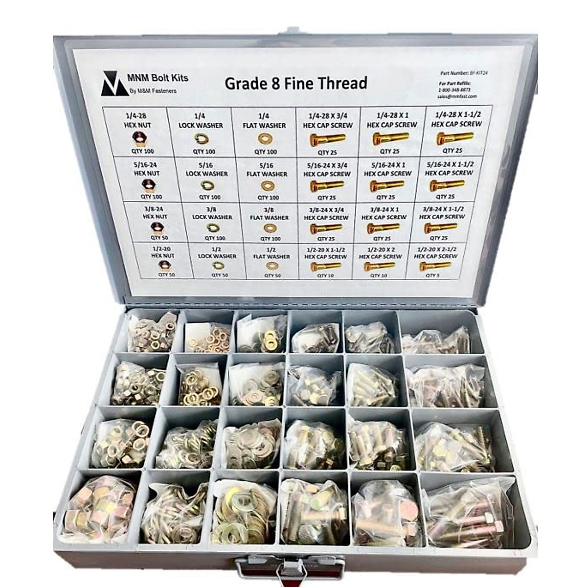 M&M Fasteners 1,250 Piece Grade 8 Fine Thread Nut Bolt Hex Bolt Hex Head Cap Screw & Washer Assortment with Metal Drawer