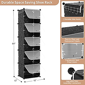ROJASOP Tall Shoe Rack, 10 Tiers Shoes Storage Cabinet with Doors, 20 Pairs Narrow Portable Shoe Rack Organizer with 2 Hooks Plastic Shoe Closet for Entryway Bedroom Hallway (Black, 1 by 10)