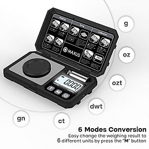 MAXUS Milligram Scale 50g/0.001g, Compact Mg Scale with 50g Calibration Weight, Black Powder Scale for Reloading, includes a Scoop, a Powder Pan, a USB Cable and Tweezers
