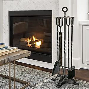 AMAGABELI GARDEN & HOME 5 Pieces Fireplace Tools Sets Wrought Iron Fireplace Set Antique Brass Copper with Poker Tongs Broom Shovel Stand Indoor Fire Place Kit Wood Stove Hearth Accessories Gold