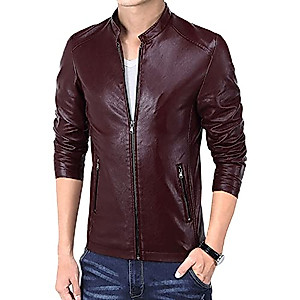 Maiyifu-GJ Men Casual Faux Leather Biker Jacket Stylish Stand Collar Bomber Jackets PU Leather Lightweight Motorcycle Coats (Red Wine,Large)