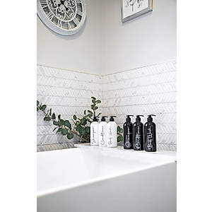 Alora Reusable Shampoo and Conditioner Bottles - Set of 3 - Matte Black - Permanent Stylish Labels - 16oz Pump Bottle Dispenser for Shampoo, Conditioner, Body Wash - Plastic Refillable Containers…