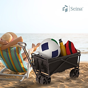 Seina 150 Pound Capacity Heavy Duty Steel Frame Collapsible Folding Outdoor Portable Utility Cart Wagon with All Terrain Plastic Wheels, Black