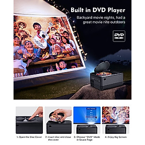 Mini Projector for iPhone, 1080P Bluetooth DVD Projector with Built in DVD Player with 120 inches Screen, Led Portable Video Projector for Outdoor Family Movie Night Compatible Phone/HD/USB