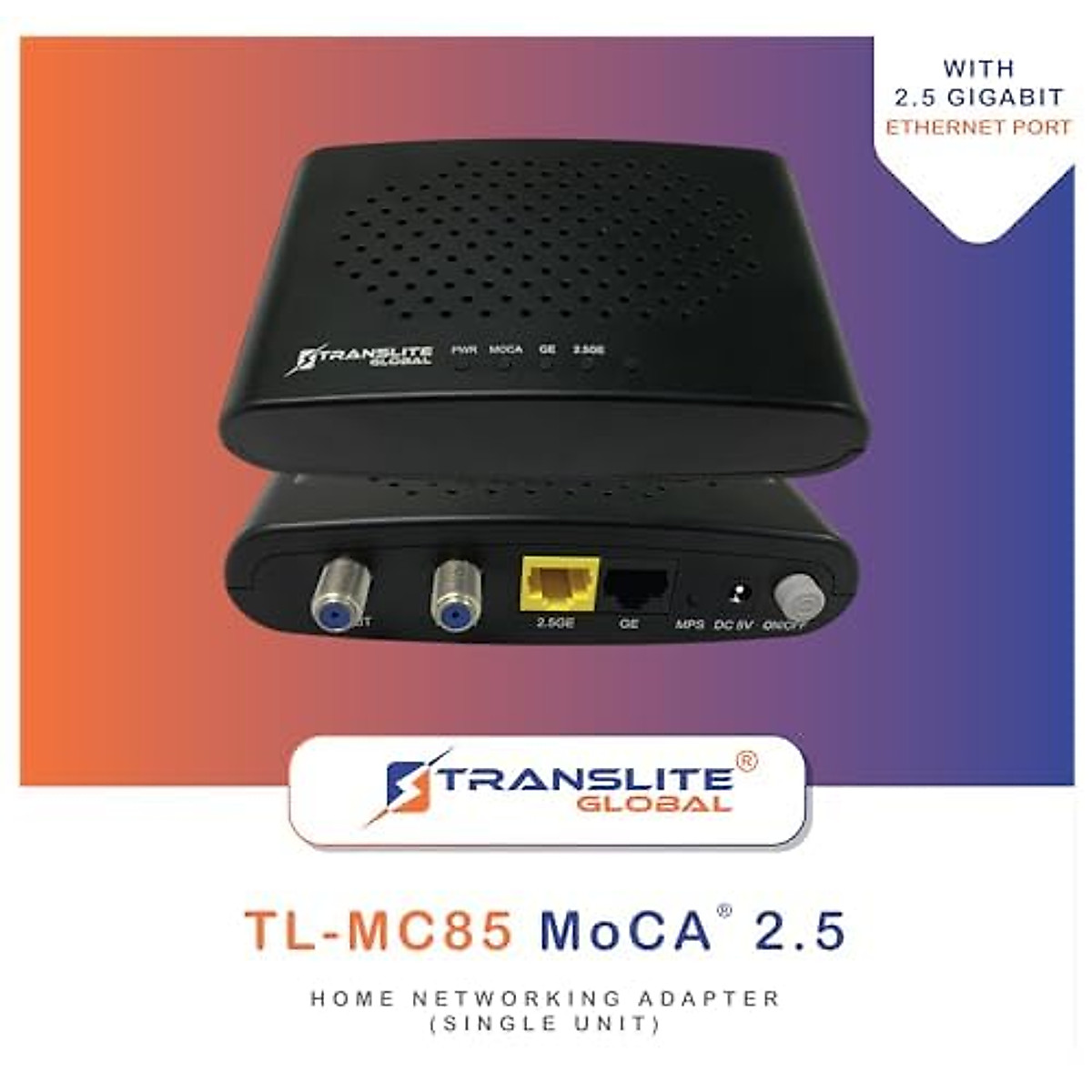 Translite Global MoCA 2.5 with 2 Ethernet Ports - Ethernet Over Coaxial Adapter | 1 x 2.5 Gbps Ethernet Port + 1 x 1 Gbps Ethernet Port | Model: TL-MC85