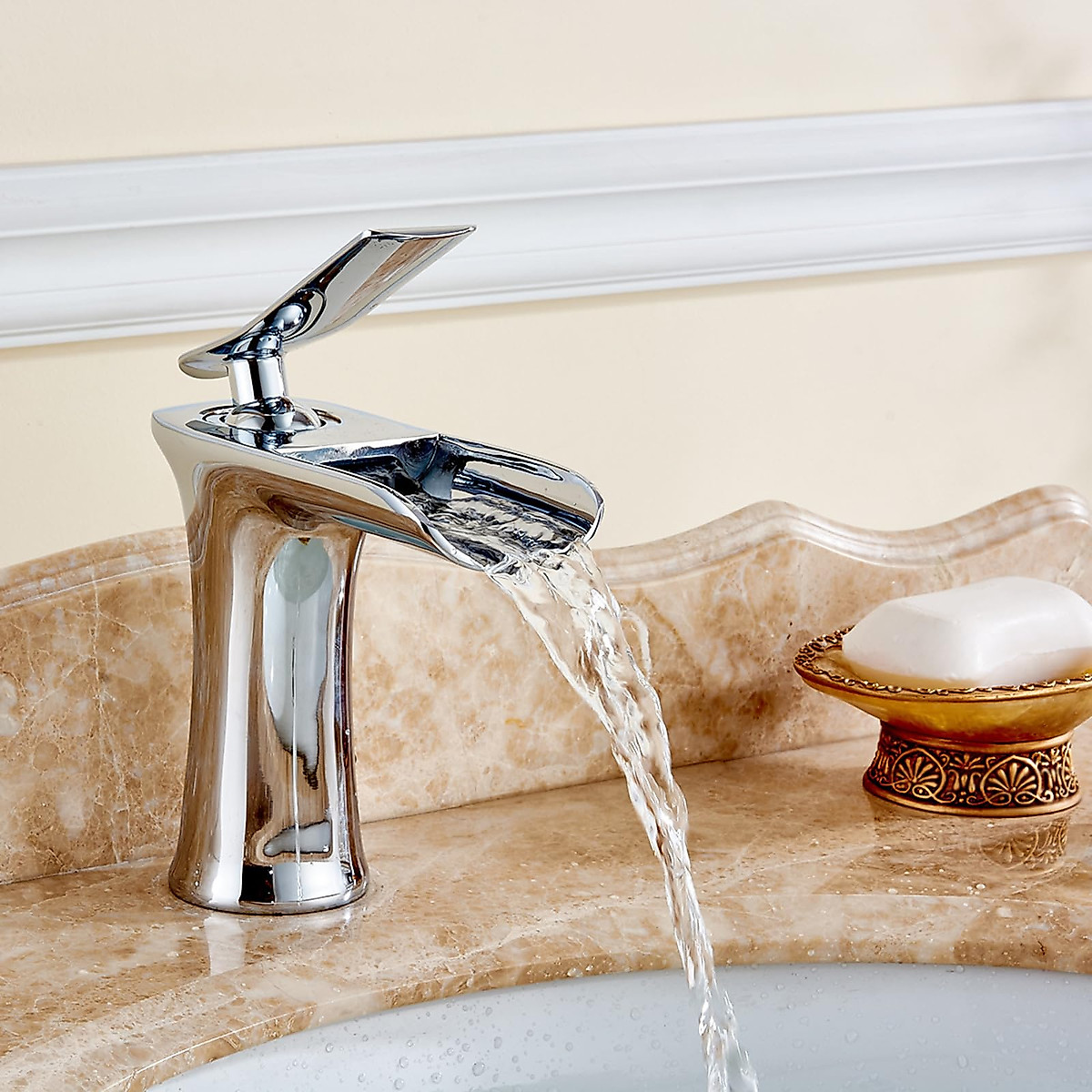BiaoTeng Bathroom Faucet Waterfall Vintage Chrome Single Hole Hot or Cold Bathroom Sink Faucet 1 Hole Waterfall Brass Bathroom Sink Faucet Waterfall, Chrome