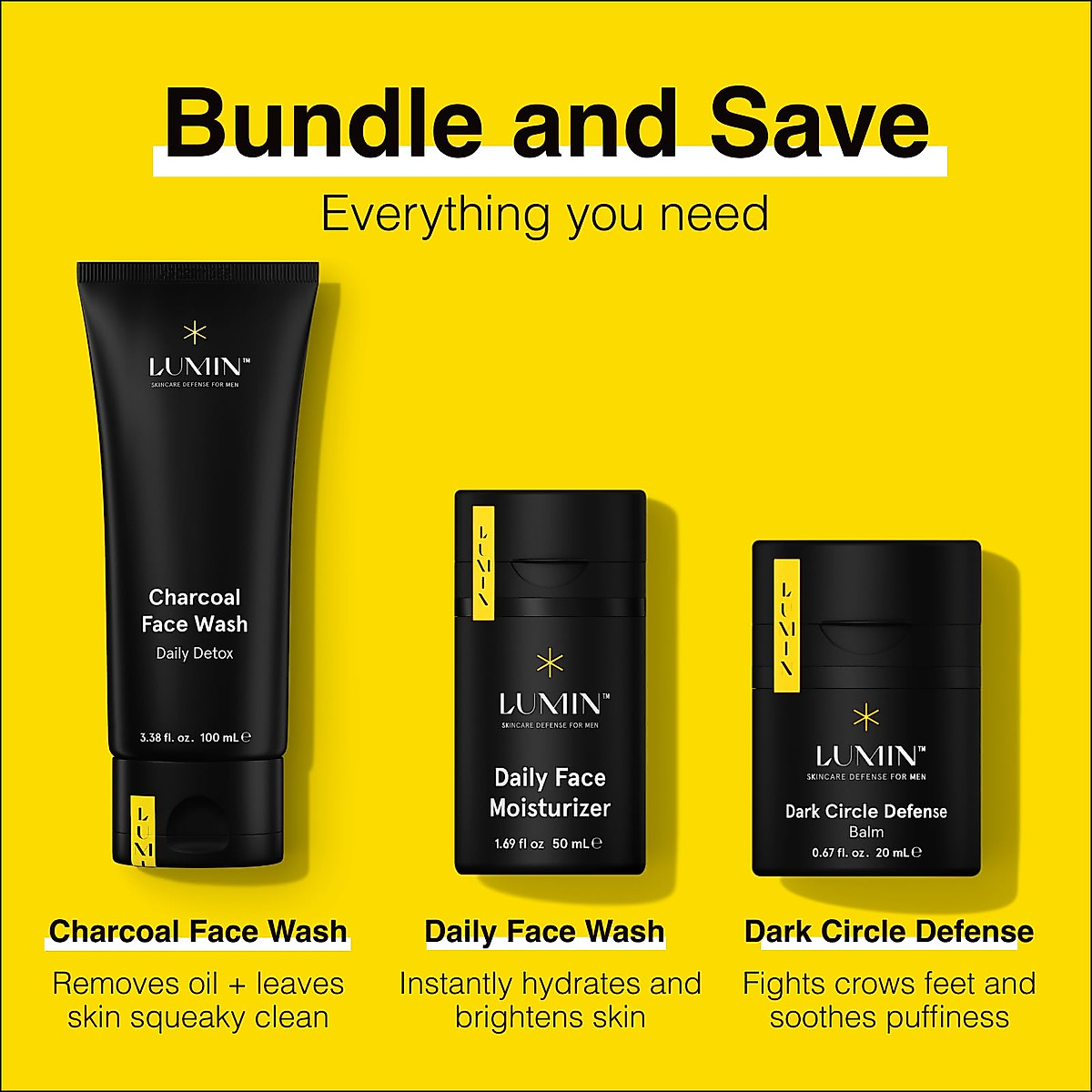 Lumin - Complete Set Men's skincare Routine includes: Charcoal Face Wash, Charcoal Scrub, Face Moisturizer, Wrinkle Serum, Recovery Oil & Dark Circle Defense Balm