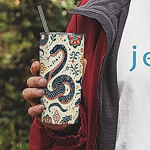20oz Hand Drawn Vintage Snake Pattern Tumbler Stainless Steel, Vacuum Insulated Tumbler with Lid And Straw Unique Coffee Mug Travel Mug Gifts for Women Men