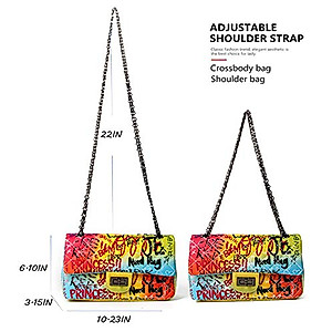 VOGUZY Women Graffiti PU Multicolour Quilted Purse Lattice Clutch Shoulder Bag Classic Cross Body with Chain Satchel Handbags Yellow Graffiti