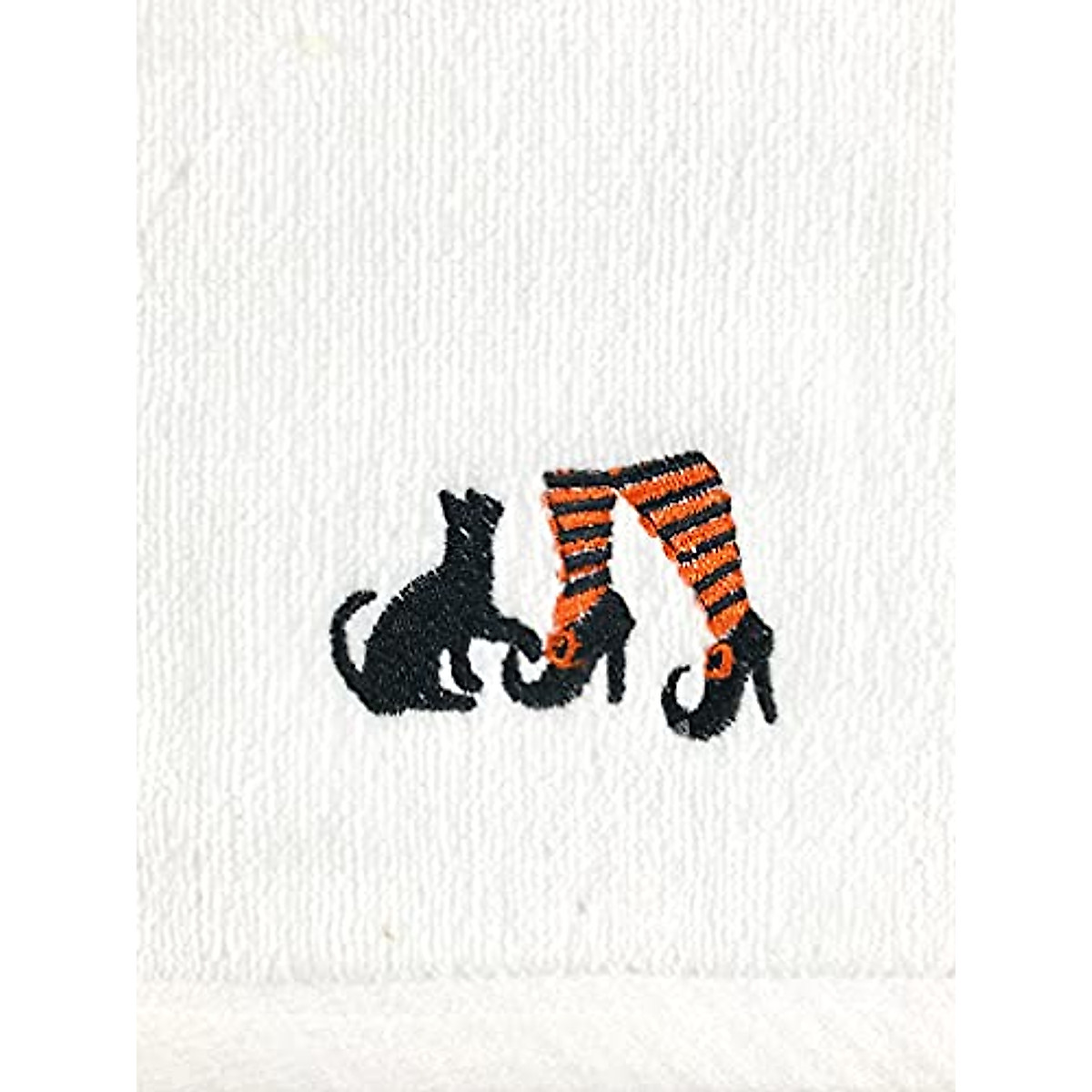 Serafina Home Decorative Halloween Fingertip Towels: Plush White Embroidered Cotton Witch Shoes with Cat Design, 2 Piece Set, 11" x 18" Inch Each (White)