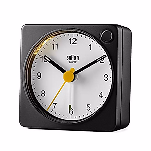 Braun Classic Travel Analogue Alarm Clock with Snooze and Light, Compact Size, Quiet Quartz Movement, Crescendo Beep Alarm in Black and White, Model BC02XBW.