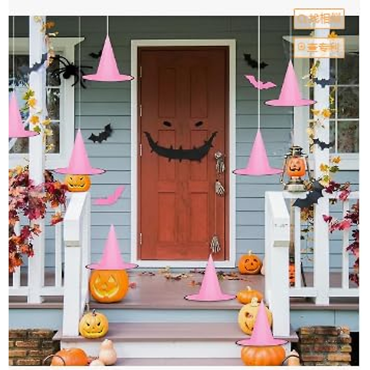 Whaline 14Pcs Halloween Pink Witch Hat with 109 Yards Hanging Rope 32Pcs 3D Bat Stickers Scary Witch Cap Halloween Hanging Decoration for Halloween Home Inside Outside Garden Yard Lawn Decoration