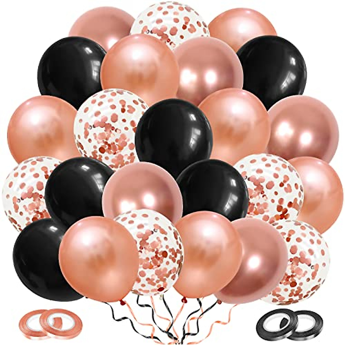 Rose Gold and Black Balloons, 60Pcs 12 Inch Metallic Rose Gold Balloons, Black Balloons and Confetti Balloons, Latex Balloons for Black Party Decorations, Rose Gold Birthday Decorations, Baby Shower