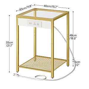 HOOBRO Side Table with Charging Station, Set of 2 End Tables with USB Ports, Nightstand for Tight Spaces, Tempered Glass, Modern Metal Frame, for Office, Bedroom, Living Room, Gold GD76UBZP201