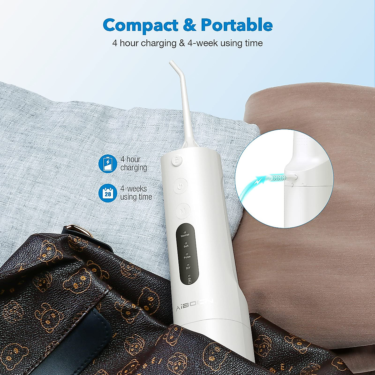 Water Flosser for Teeth, 360ML Portable Dental Oral Irrigator for Teeth with 4 Modes, 4 Multifunction Jet Tips, IPX7 Waterproof, Suitable for Taking Care of Your Oral Hygiene at Home and Traveling