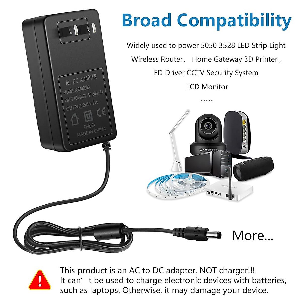 SHNITPWR 24V DC Power Supply Adapter 24 Volt 2A 48W AC to DC Converter Transformer 100~240V AC Input with 5.5x2.5mm DC Tip for 5050 3528 LED Strip 3D Printer CCTV Security System LCD Monitor