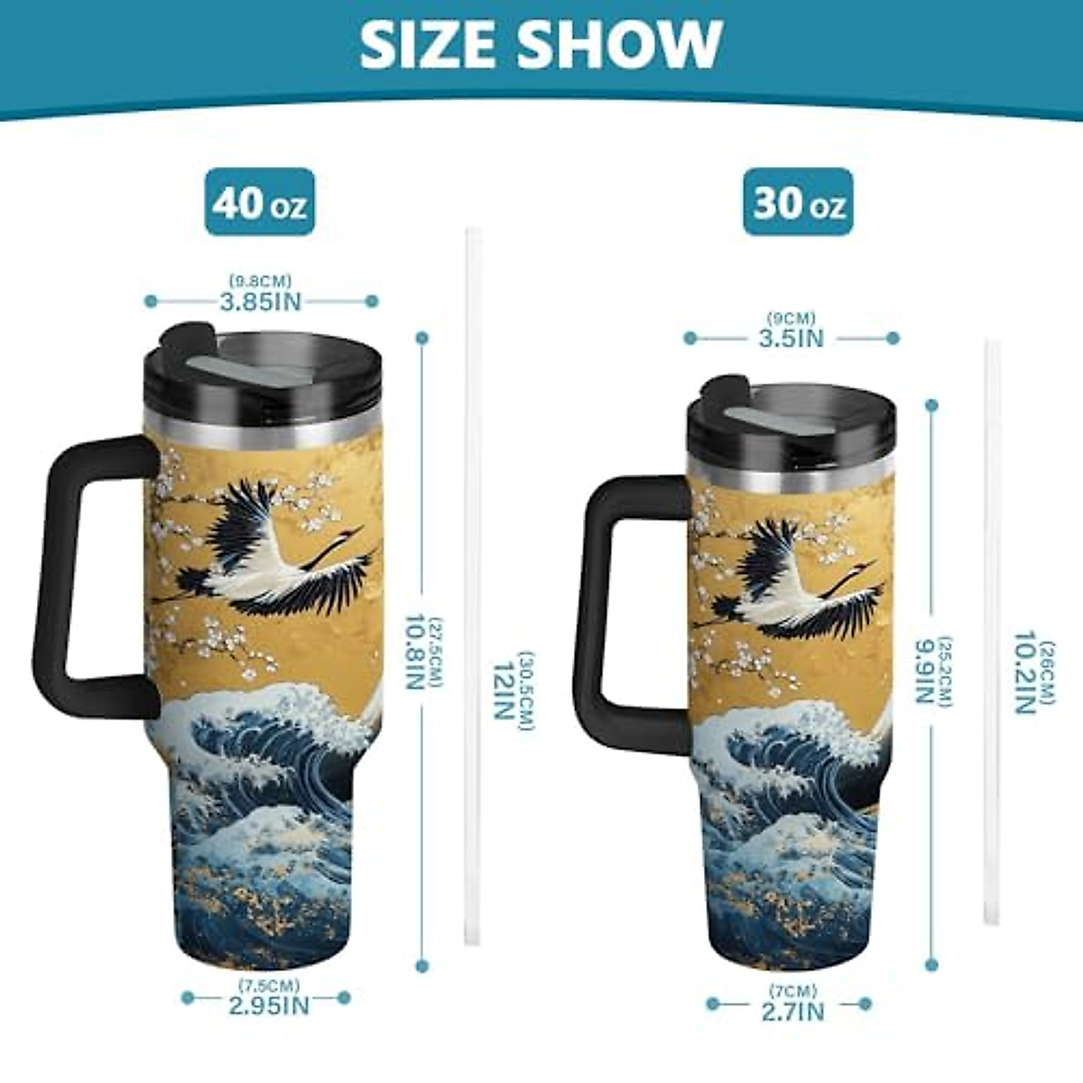 Flradish 40oz Tumbler with Handle, Grus Japonensis Stainless Steel Tumbler with Lid and Straws Double Wall Vacuum Insulated Leakproof Coffee Travel Mug