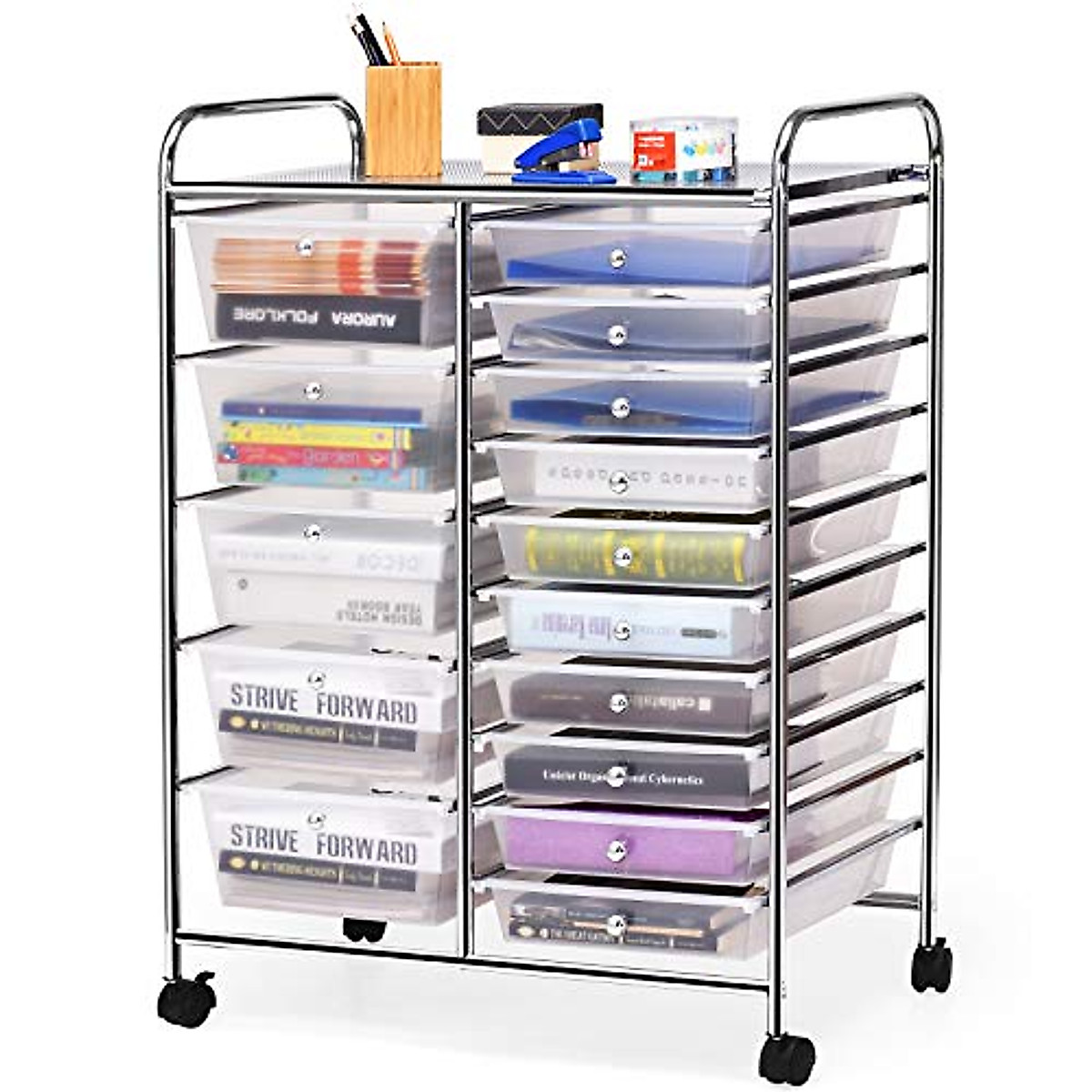 KOTEK 15-Drawer Rolling Storage Cart, Multipurpose Mobile Utility Cart with 4 Wheels, Home Office School Tools Scrapbook Paper Organizer (Clear)