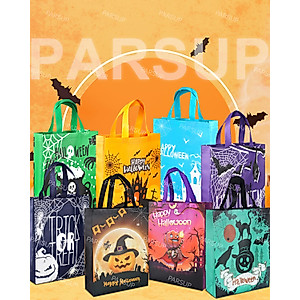 PARSUP 8PCS Halloween Trick or Treat Bags,Halloween Tote Bags with Handles, Gift Bags, Non-Woven Halloween Bags for Gifts Wrapping, Trick or Treat, Halloween Party Supplies, 15"×11.8"×3.9"