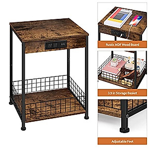 Vrisa Nightstand with Charging Station Bed Side Tables Set of 2 with USB Ports and Outlets Farmhouse Night Stand with Storage Basket Nightstands for Bedroom Living Room Industrial