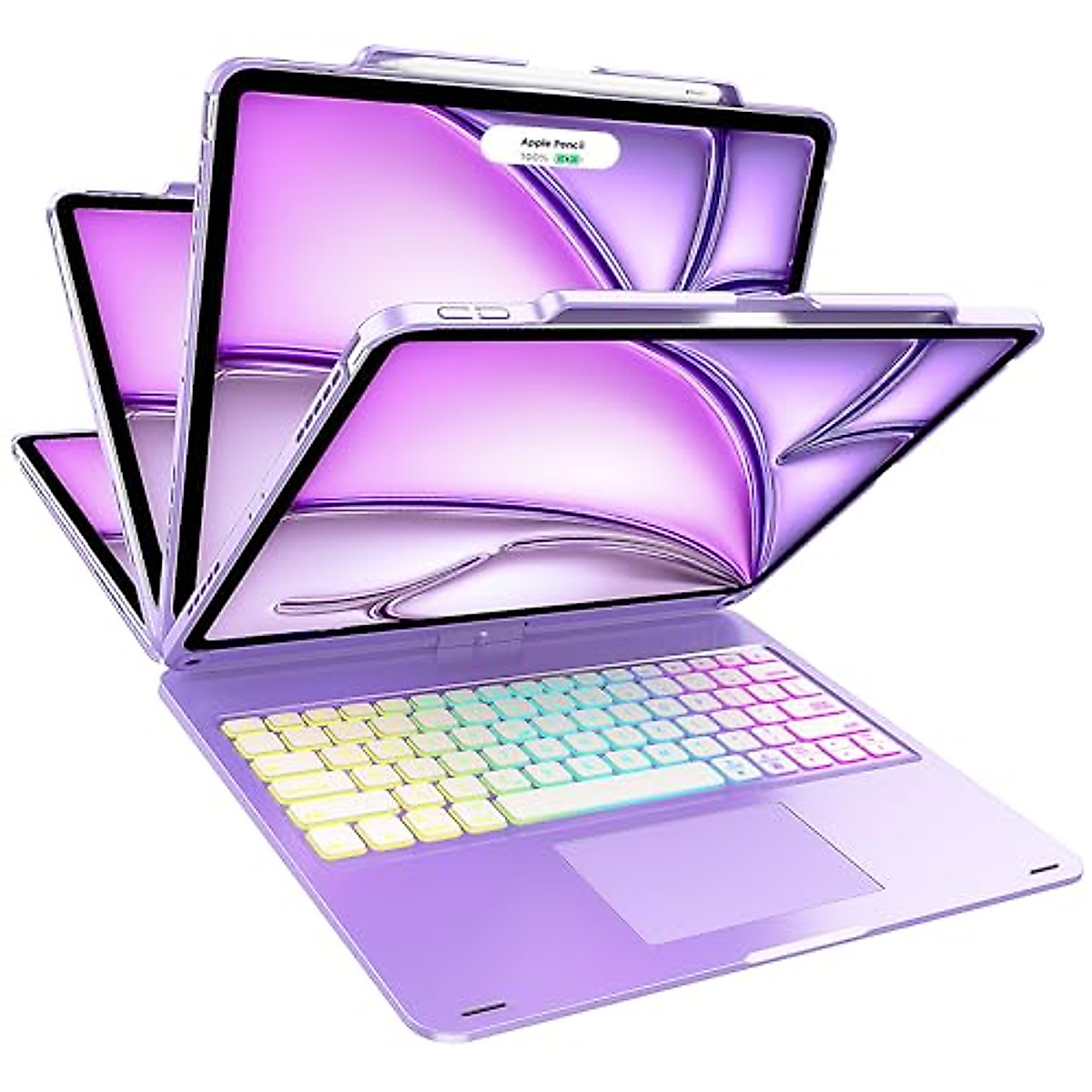 D DINGRICH Keyboard Case for iPad Pro 12.9 (6th/5th/4th/3rd Gen), Multi-Touch Trackpad, 360° Rotatable, Wireless Keyboard Cover, Rainbow Backlit with Apple Pencil Charging, Purple