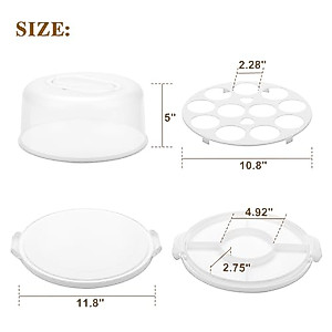 Cake Carrier with Lid and Handle, Multipurpose Cake Stand Fits 10 inch Cake, Cupcake Containers for 11 Cupcakes，Cake Holder Serves as Five Section Serving Tray, Portable Cheesecake Container, White