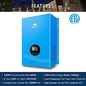 SUNGOLDPOWER UL 1741 12000W 48 Volt Solar Inverter Charger, 240V Input 120V/240V Output Split Phase, Pure Sine Wave, Low Frequency with 80A AC Charger, Two 60A MPPT Solar Chargers, Blue