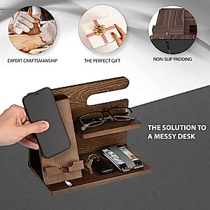 WiredMonkey Fathers Day Nightstand Organizer Wood - Durable Phone Docking Station with Non-Slip Base - Classy Solid Wood Gifts for Men - Hand Crafted Premium Bedside Table Organizer Men