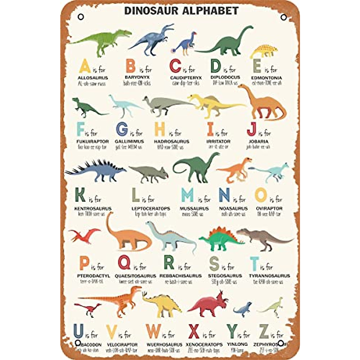 Dinosaur Alphabet Poster Metal Tin Sign Wall Decor Signs,Retro Art Decor for children's room Metal Plaque Poster Kids art 8x12 Inch