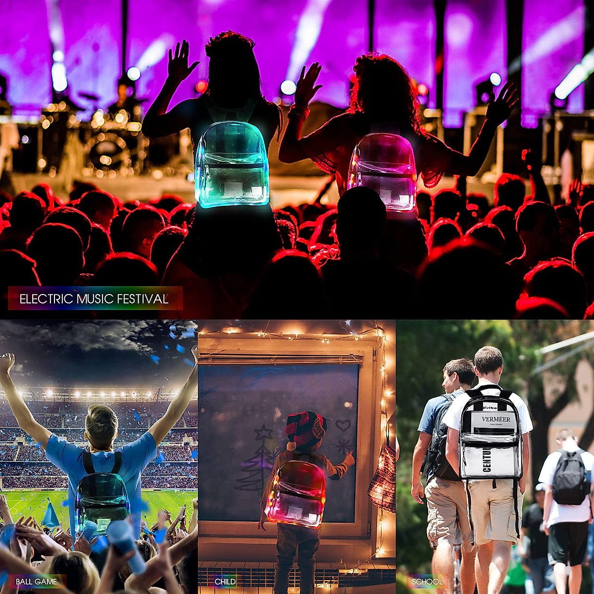 yisibo LED Strip Lights Clear Backpack,8 RGB Colors with 10 Flashing Mode,4 Music Mode and 4 Timer,TPU Transparent Waterproof Heavy Duty See Through Backpack for School,Music Festival,Stadium Approved