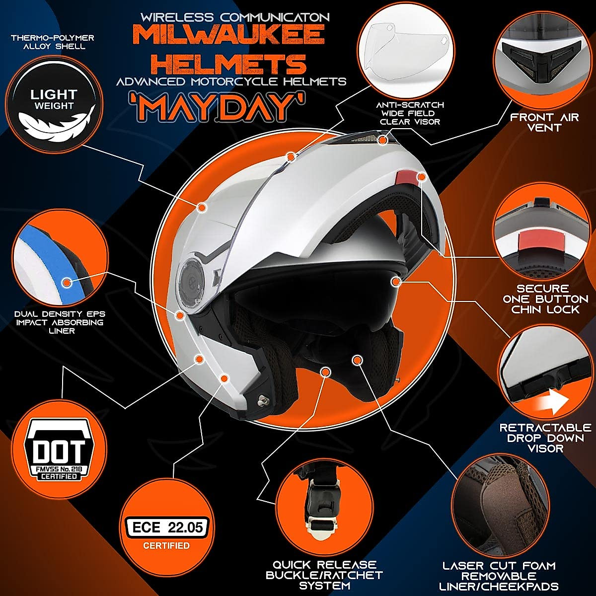 Milwaukee Helmets H7010 Flat Gray 'Mayday' Modular Motorcycle Helmet w/Intercom - Built-in Speaker and Microphone for Men/Women - Large