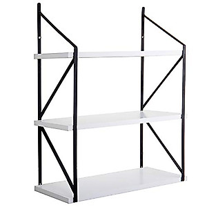 MyGift 3-Tier Farmhouse White Wood Wall Floating Shelves - 23 Inch Wall-Mounted Organization Wooden Shelf Rack with Black Metal Brackets