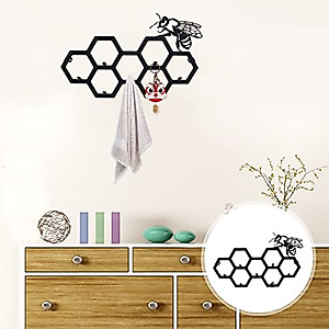 Cabilock 1pc Holder Multi- for Hook Hexagon Towels Rack Hanging Organizer Mounted Dog Wall Scarves Pattern Wooden Craft Household Metal Black Rustic Honeycomb Bedroom Key