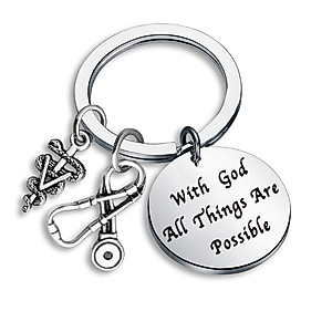 BEKECH Veterinarian Gift Veterinary Technician Gift with God All Things are Possible Keychain with Caduceus Stethoscope Charm Vet Tech Jewelry Animal Rescue Gift (Silver)