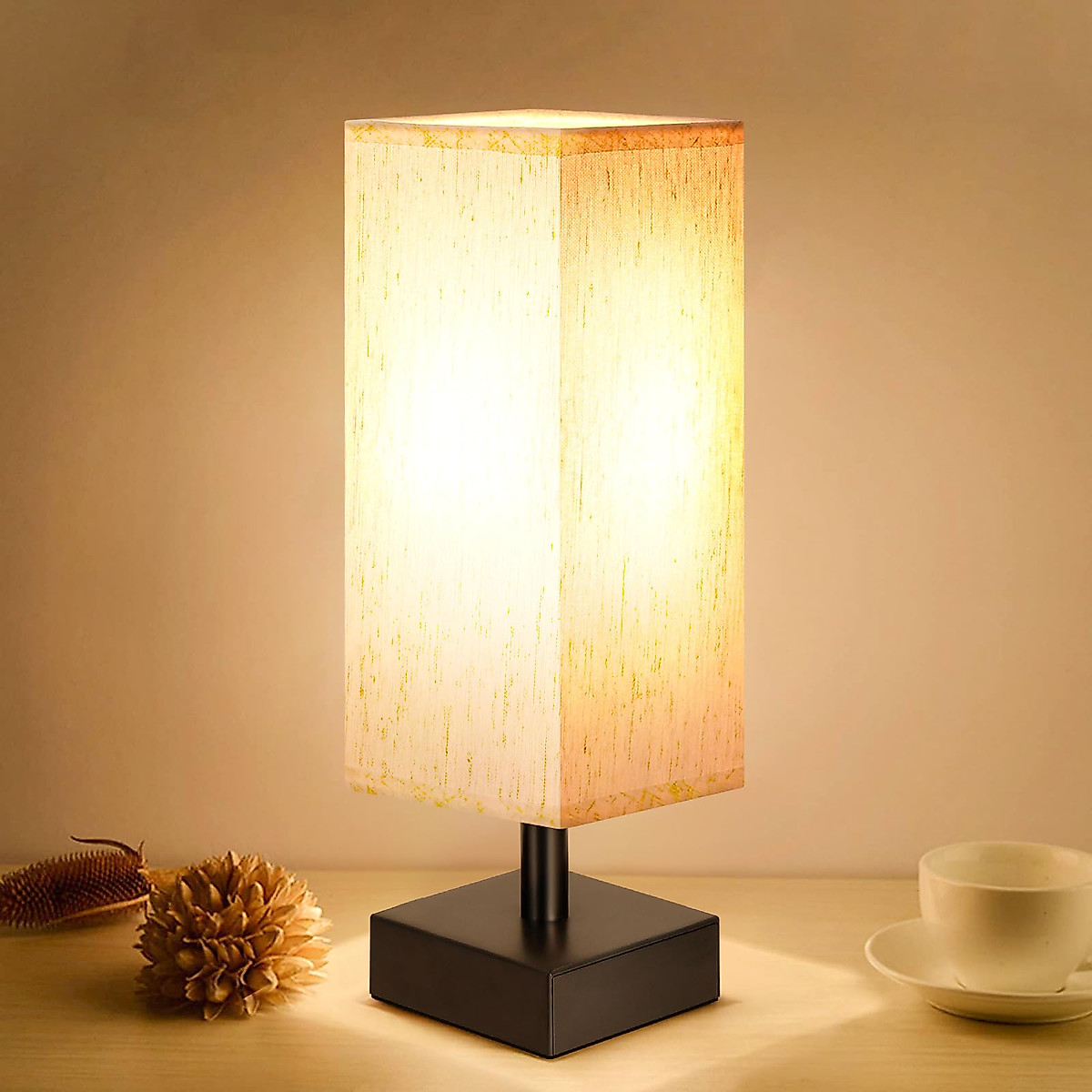aooshine Small Table Lamp for Bedroom - Bedside Lamps for Nightstand, Minimalist Solid Wood Night Stand Light Lamp with Square Fabric Shade, Desk Reading Lamp for Kids Room Living Room Office Dorm
