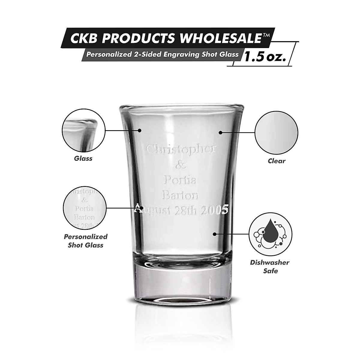 TOP SHELF FLASKS Personalized 2-Sided Engraving Shot Glass - 1.5 oz. - Wedding Groomsman and Bridesmaid Party - Thank You Gifts - Anniversary Commemoration