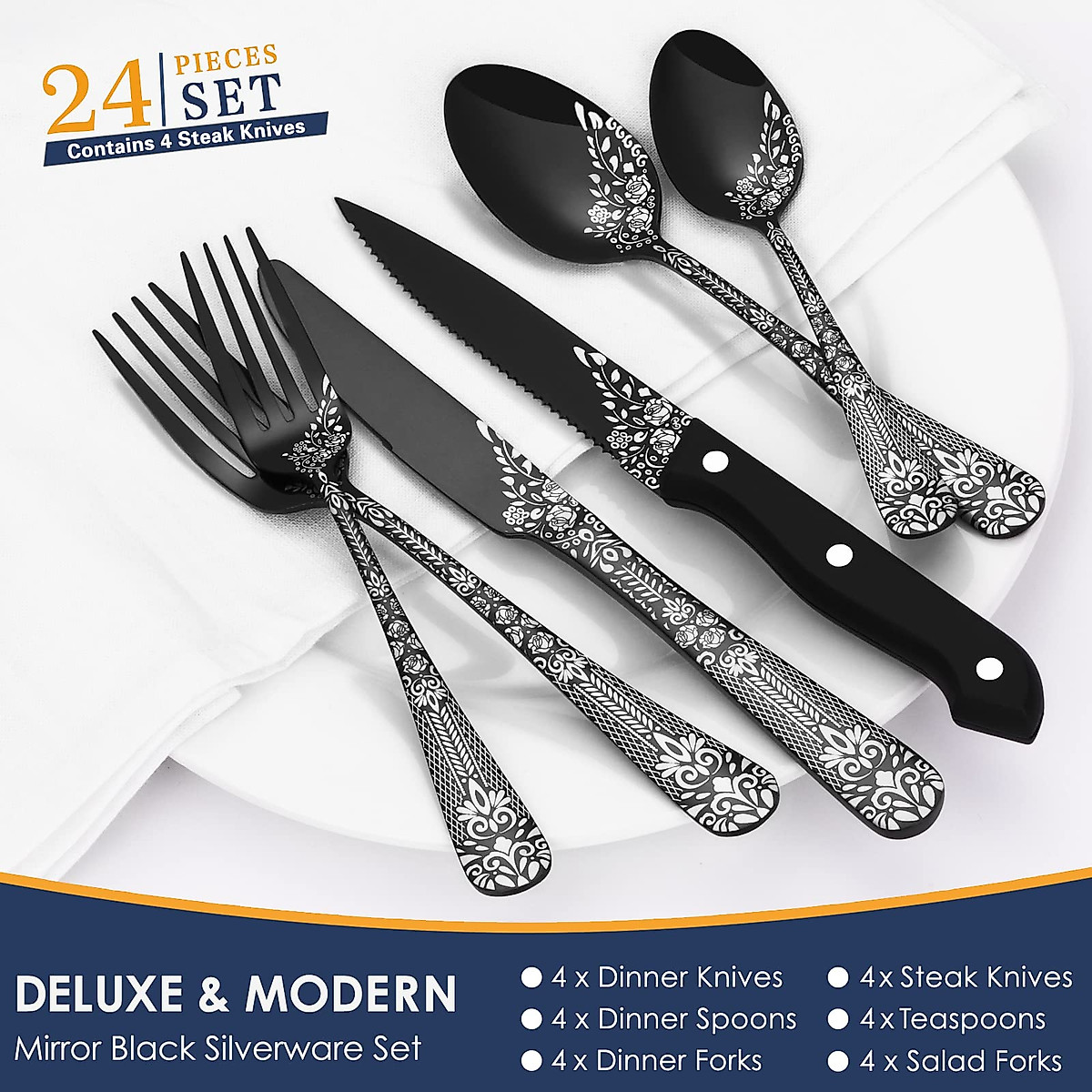 EUIRIO 24-Piece Black Silverware Set with Steak Knives, Black Flatware Set for 4, Stainless Steel Mirror Cutlery Set, Spoons Forks Knives Set with Unique Floral Laser, Eating Utensils, Dishwasher Safe