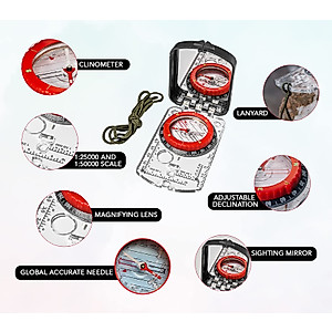 Sighting Compass Mirror Adjustable Declination - Boy Scout Compass Survival Camping | Base Plate Compass Kids Navigation | Orienteering Compass Hiking Map Read Military Compass Backpacking Clinometers