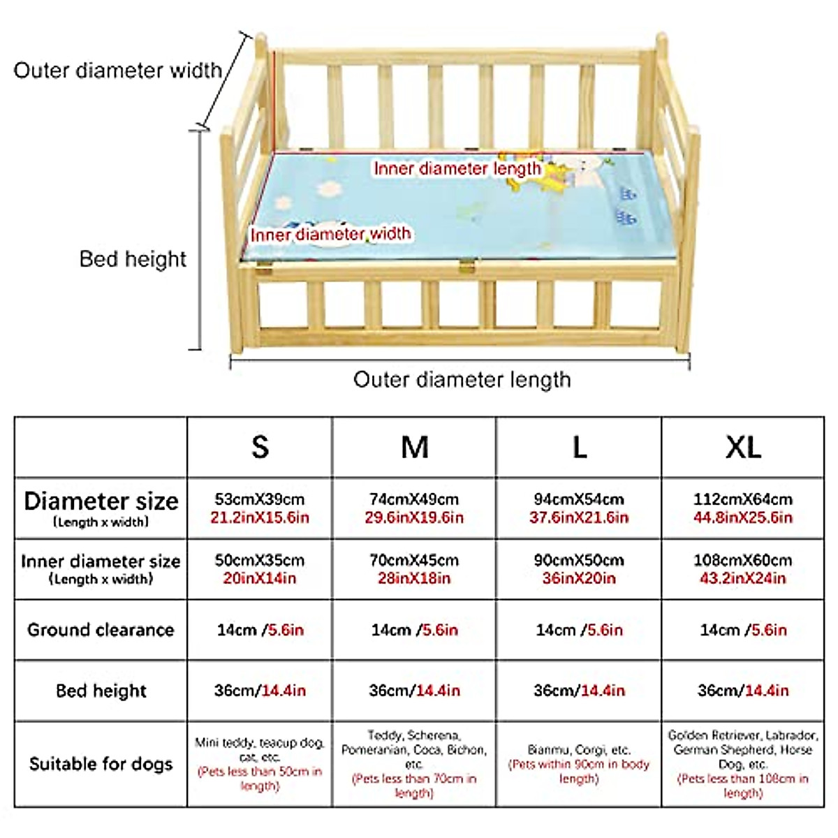 Dog Bed Blue Floral Raised, Wooden Eevated Pet cot Couch with Fenced & Stairs, for Arthritis Dogs/Senior Cats (Size : 112cmX64cm)
