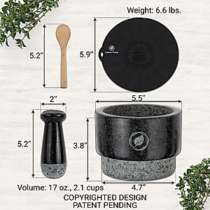 Laevo Mortar and Pestle Large Set - Black Granite Stone Spice Grinder, 2.1 Cup Capacity, 5.5" - Reversible Molcajete Mexicano - Guacamole, Pesto, Spices - Large Mortar & Pestles, Mortar and Pestle Set