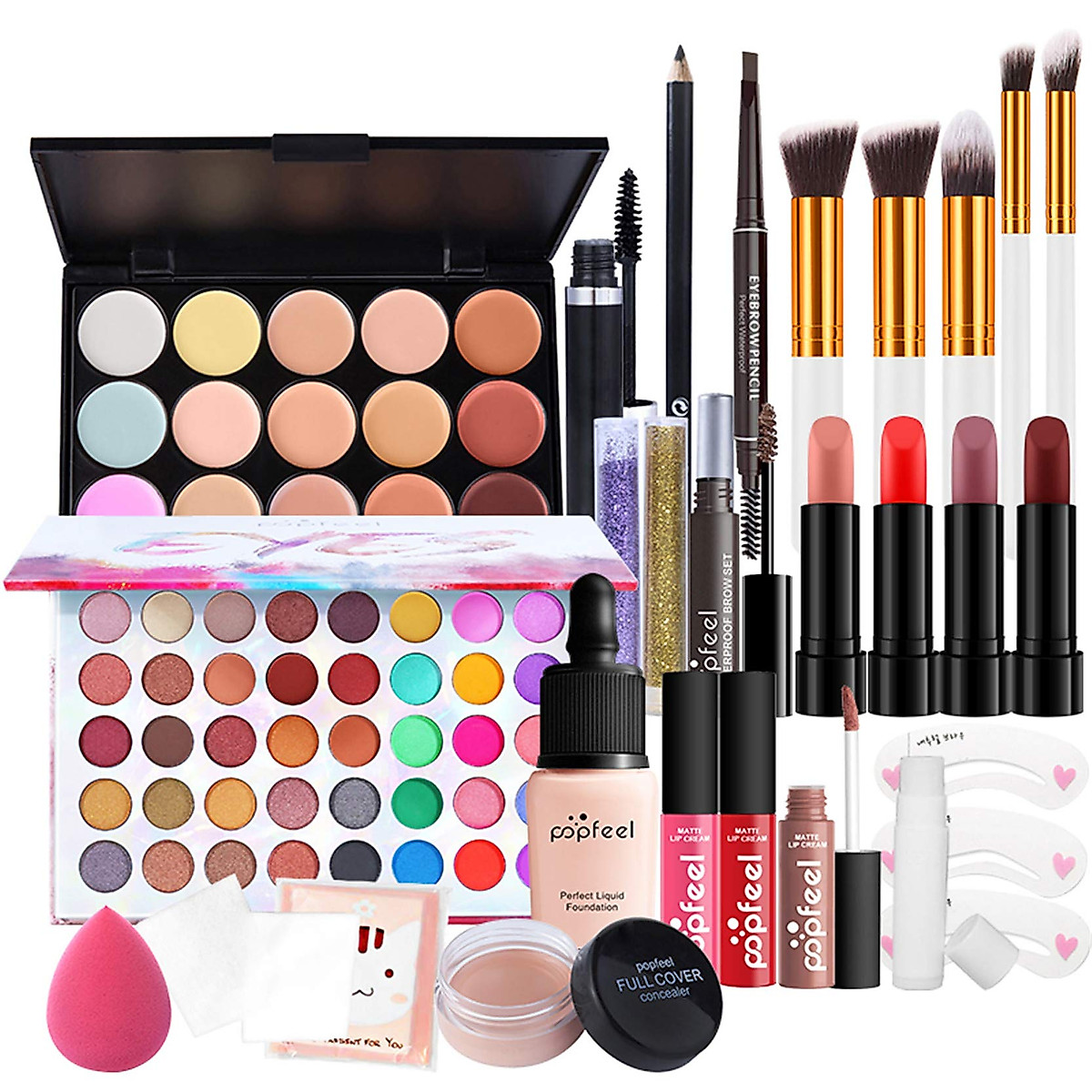 Pure Vie All-in-One Holiday Gift Surprise Makeup Set Essential Starter Bundle Include Eyeshadow Palette Lipstick Concealer Blush Mascara Eyeliner Face Powder Lipgloss Brush - Full Makeup Kit for Women