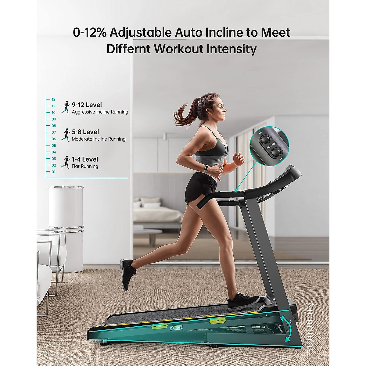 Treadmill with 12% Auto Incline Folding Home Treadmill Supports Max 8.5 MPH Speed Running Machine with 15 Preset Programs Handrail Control Tracking Pulse for Home Use MAX.Capacity 220lbs