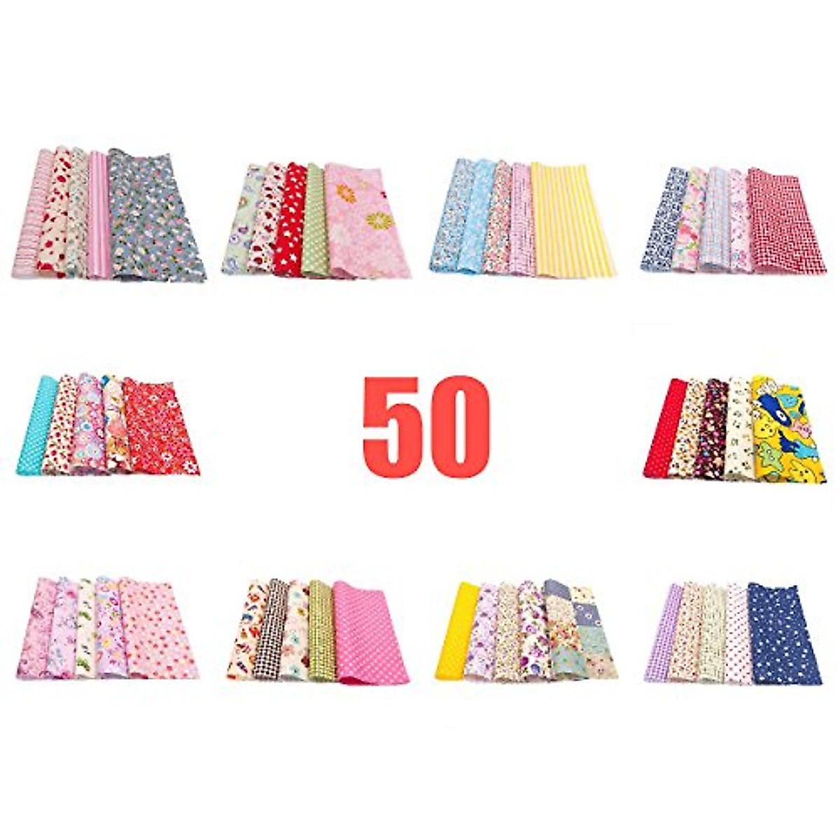 RayLineDo 50pcs 8 x 8 inches (20cmx20cm) Printed Cotton Fabric Bundle Squares Patchwork DIY Sewing Scrapbooking Quilting Pattern Artcraft