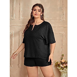SOLY HUX Women's Plus Size Waffle Knit Short Sleeve Top and Shorts Pajama Set Sleepwear Black Plain 5XL