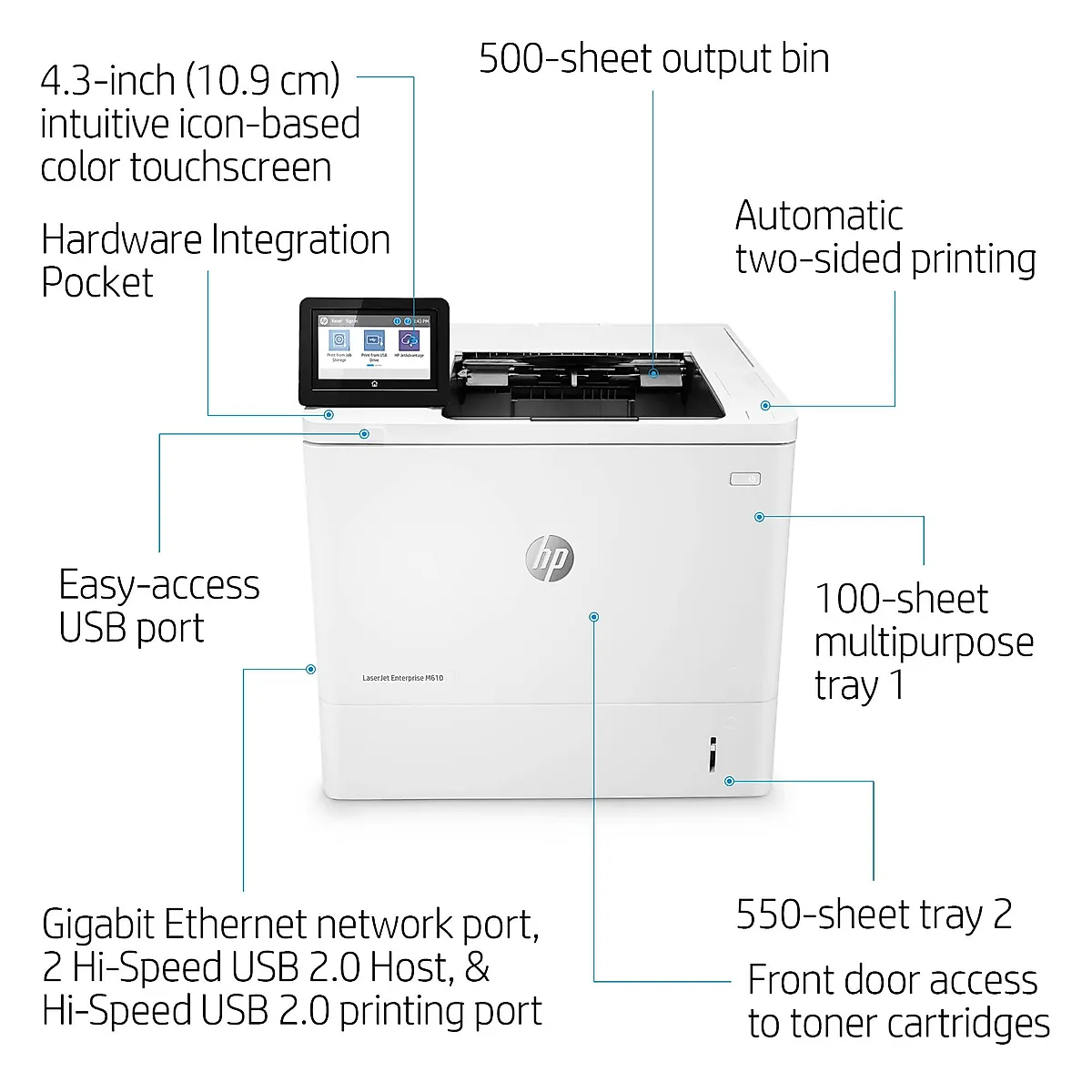 HP Laserjet Enterprise M610dn Single-Function Wired Monochrome Laser Printer, White - Print only - 4.3" Touchscreen, 55 ppm, 1200 x 1200 dpi, Auto Duplex Printing, Ethernet - Cbmou External Webcam