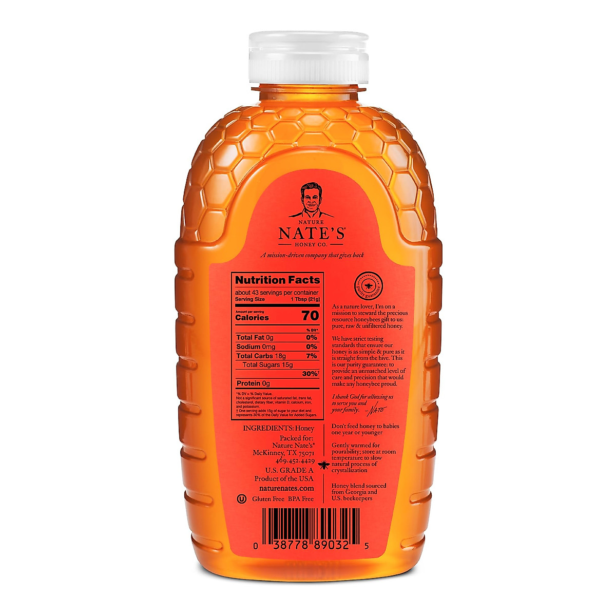 Nate's Georgia 100% Pure, Raw & Unfiltered Honey, 32 oz. Squeeze Bottle - All-natural Sweetener