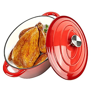 Kerilyn 4.5 QT Enameled Oval Dutch Oven Pot with Lid and Dual Handles, Cast Iron Dutch Oven for Cooking, Bread Baking, Non-stick Enamel Coated Cookware (Red)