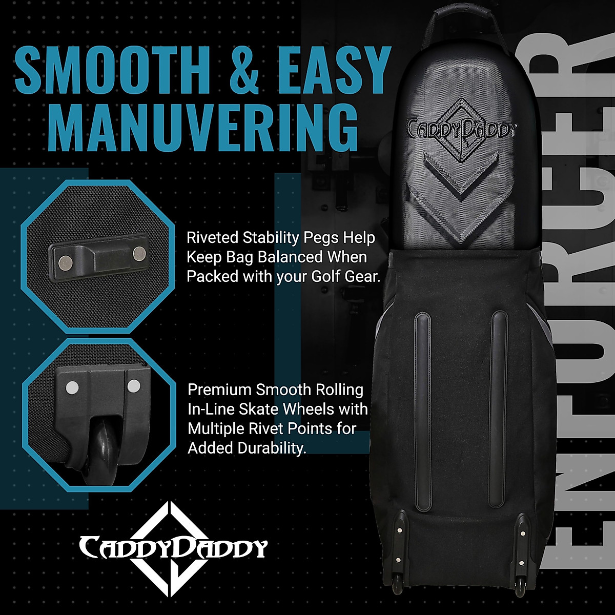 CaddyDaddy Enforcer Golf Travel Bag Soft-Sided Cover with Hard Top Protection, Wheels & Lockable X-Large Zippers. Case for Transporting Golf Clubs on Airlines, 1 Year Travel Case Replacement Coverage