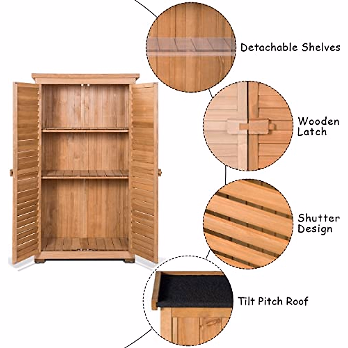 GRAFFY Outdoor Wooden Storage Shed, Garden Tools Cabinet with Shutter Design, Wooden Storage Cabinet with Tilted Asphalt Roof, for Garden, Yard, Patio