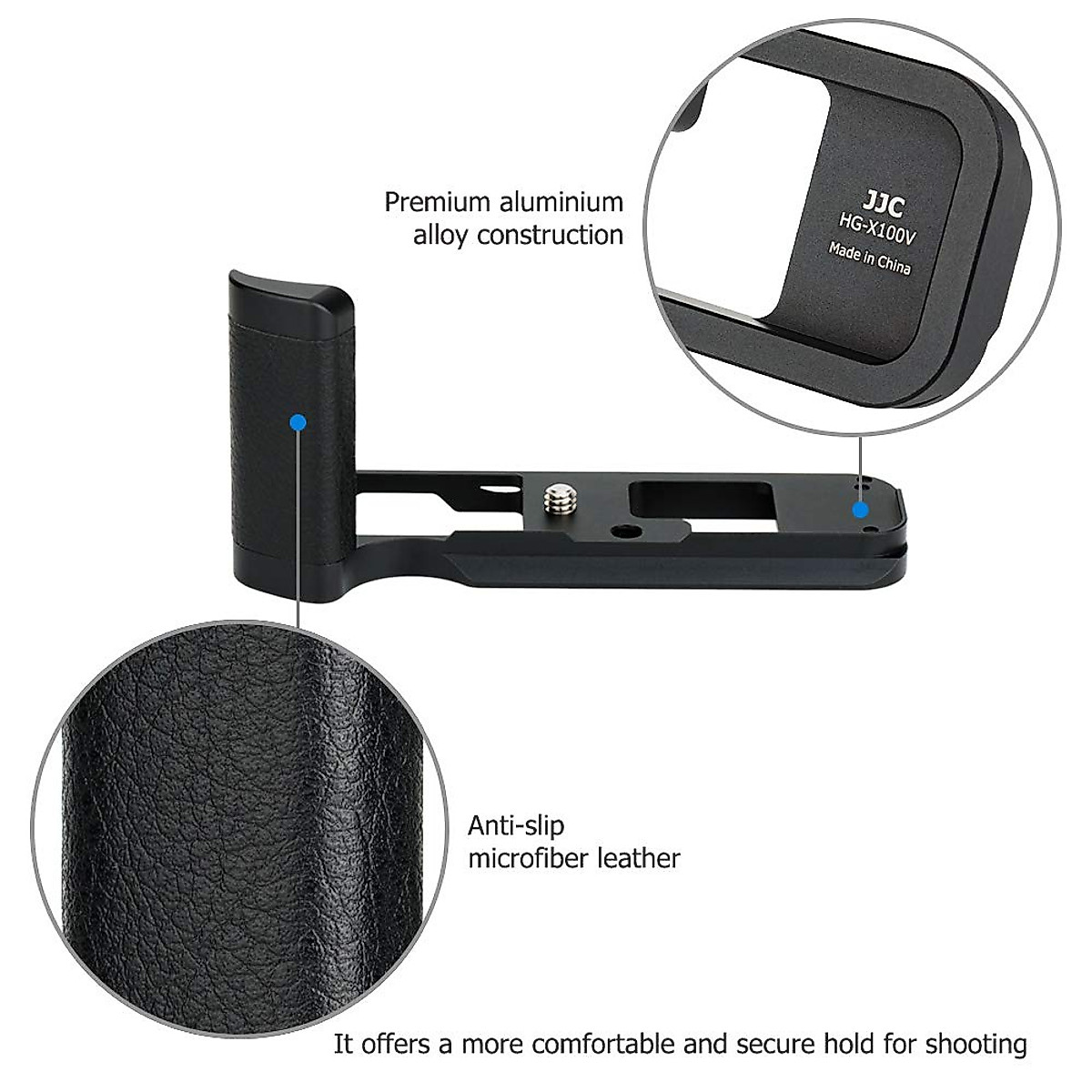 JJC Solid Metal Hand Grip Secure Handle Bracket for Fuji Fujifilm X100V X100F Camera(Not for X100VI), Anti-Slip Pads Design, Arca Swiss Quick Release Plate, Extra 1/4"-20 Tripod Hole & Hand Strap Hole